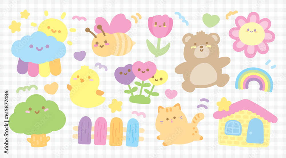 cute sweet pastel hand drawn kawaii happy smile face cartoon graphic ...