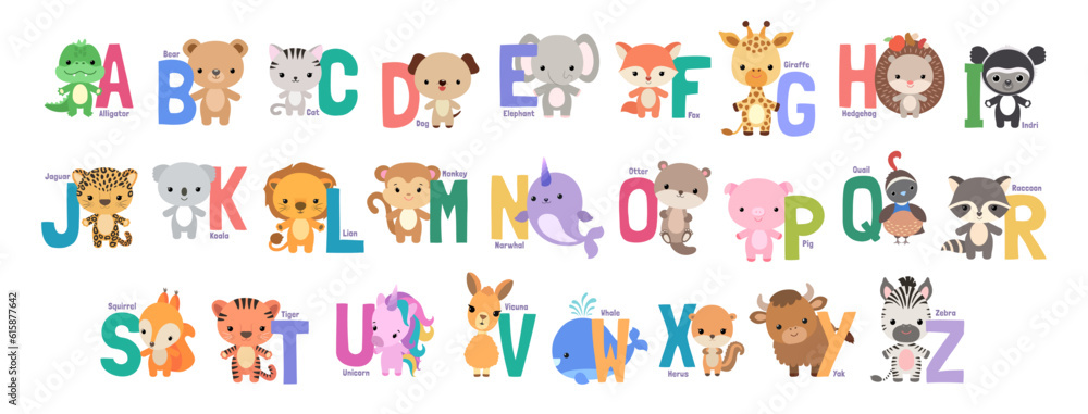 Animal alphabet poster for preschool children. Baby style kawaii ...