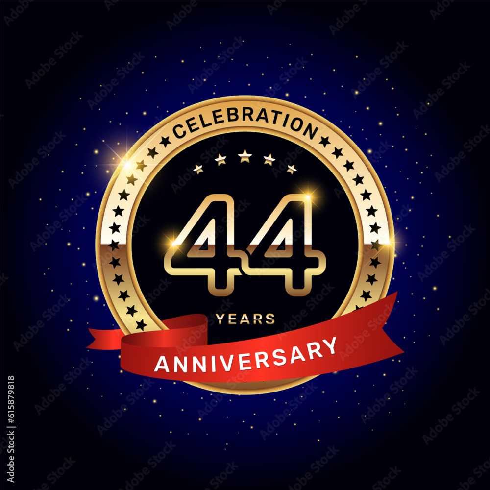 44th anniversary logo with gold numbers and red ribbon, vector template ...