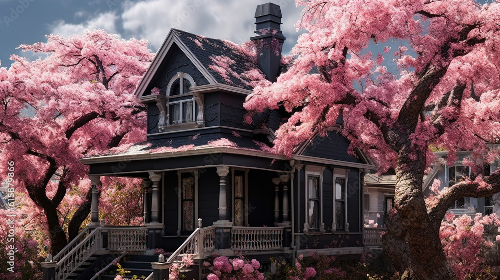 black victorian house with pink blossoms on its roof, in the style of ...