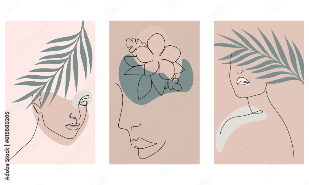 Set of continuous line female face art. Abstract modern collage of ...