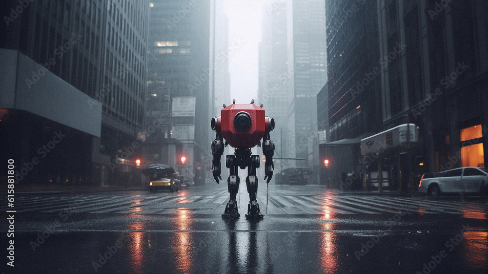 Cute mecha robot walking by the streets, created with AI Generative ...