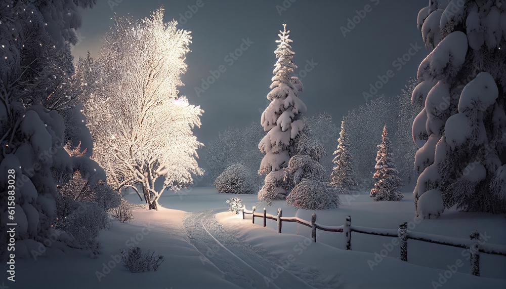 Snow covered winter wonderland and home. Icy snowflakes and Christmas ...