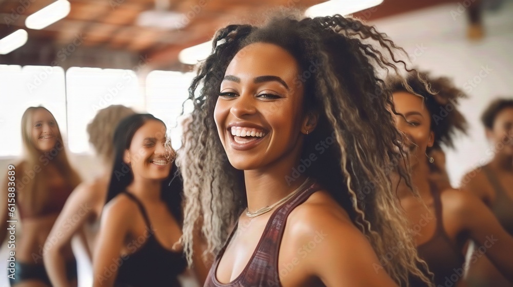 group of young women dancing together during a fitness class, Women ...