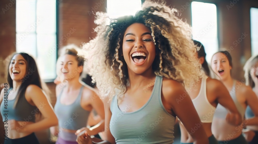 group of young women dancing together during a fitness class, Women ...