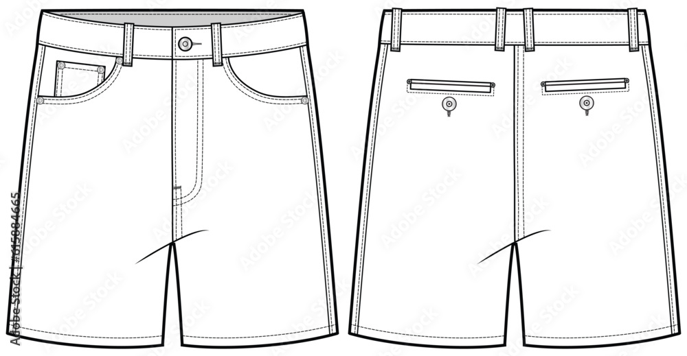 Men's chino shorts flat sketch fashion illustration with front and back ...