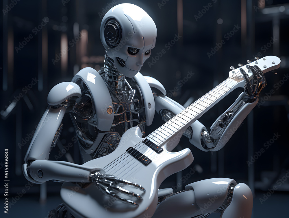 AI robot musician playing guitar. Futuristic entertainment on stage. AI ...