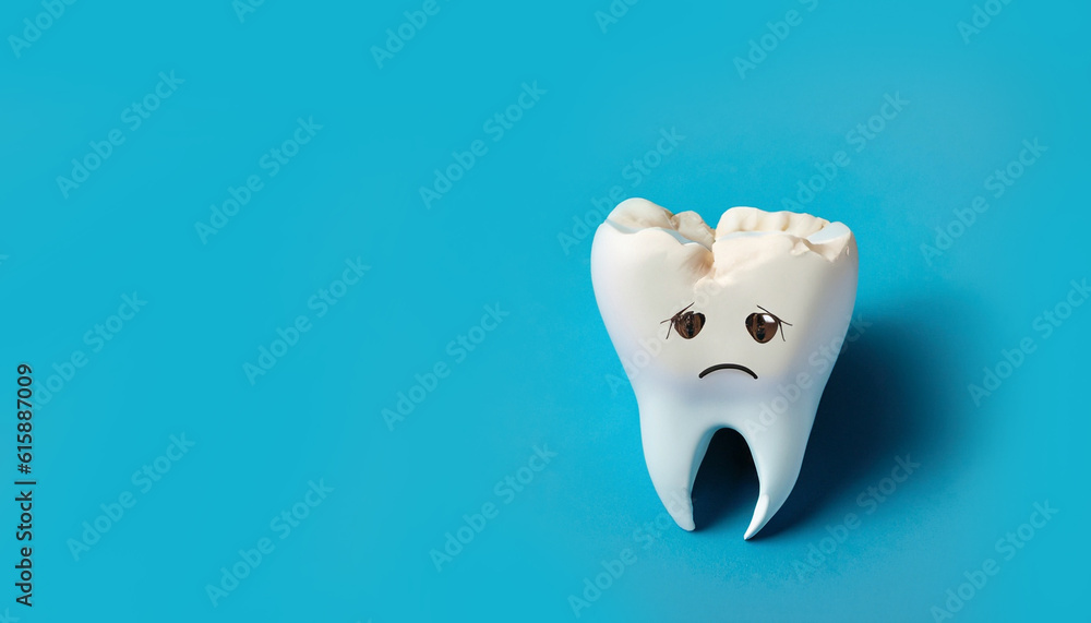 sad broken tooth on light blue background for dentist Stock ...