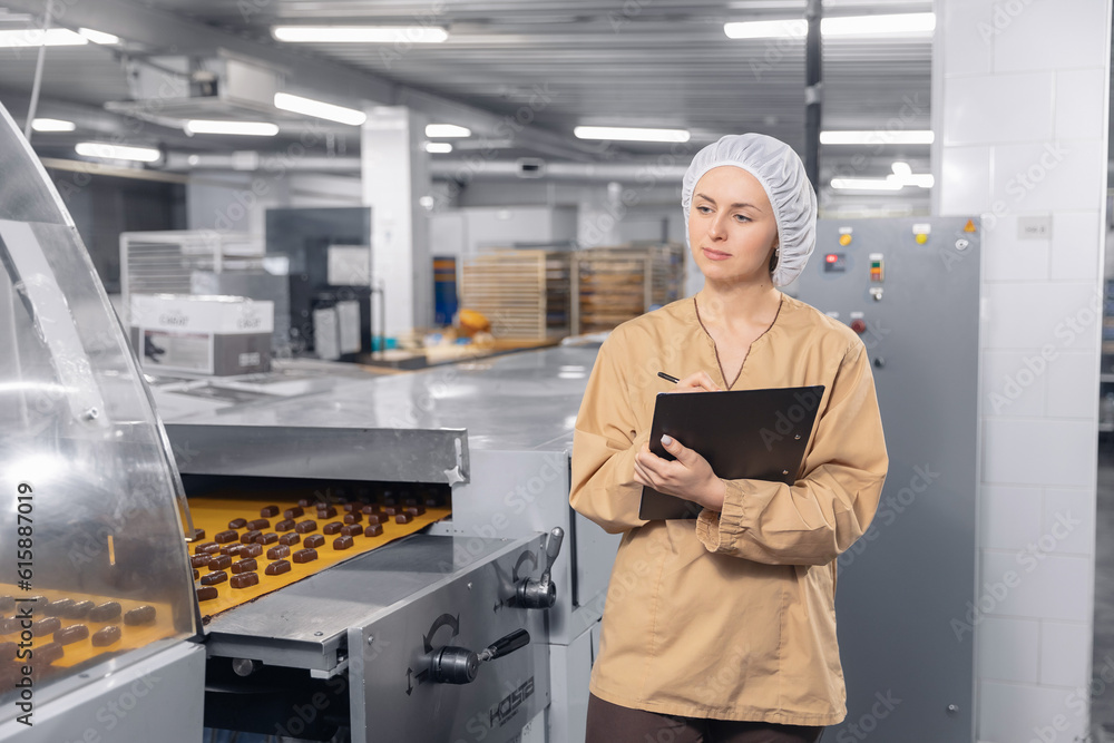Foto de Chocolate factory woman worker inspecting production line ...