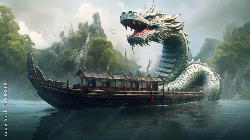 Traditional Chinese boats float on the river against the backdrop of ...