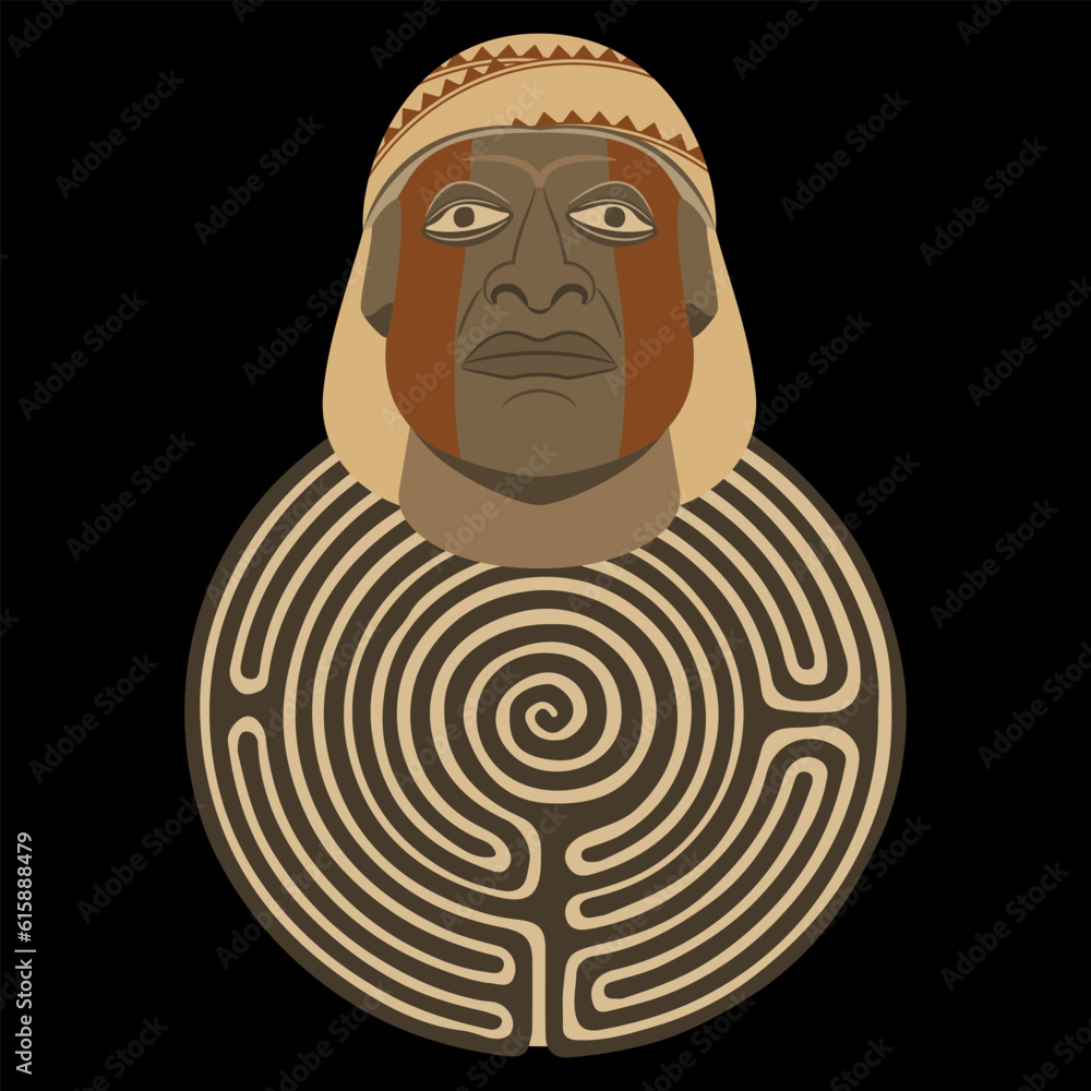 Head of a Moche man on top of a round spiral maze or labyrinth symbol ...