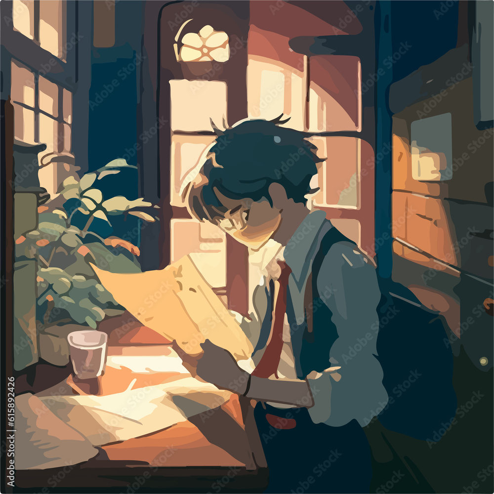 cute boy writing and reading in anime style Stock Illustration | Adobe ...