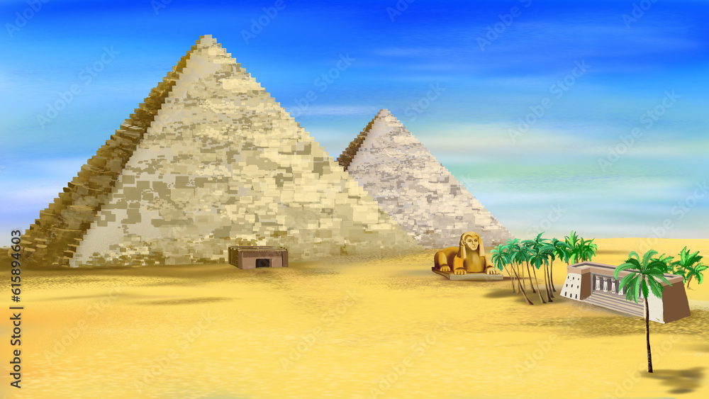 The Egyptian pyramids with entrance and ancient castle. Digital ...