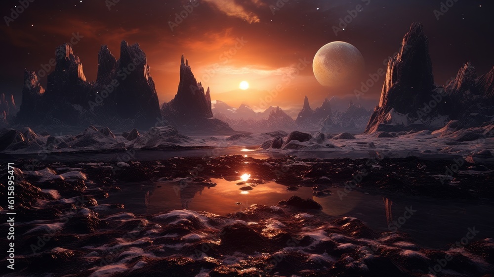 The eerie expanse of an alien planet, bathed in darkness, where ...