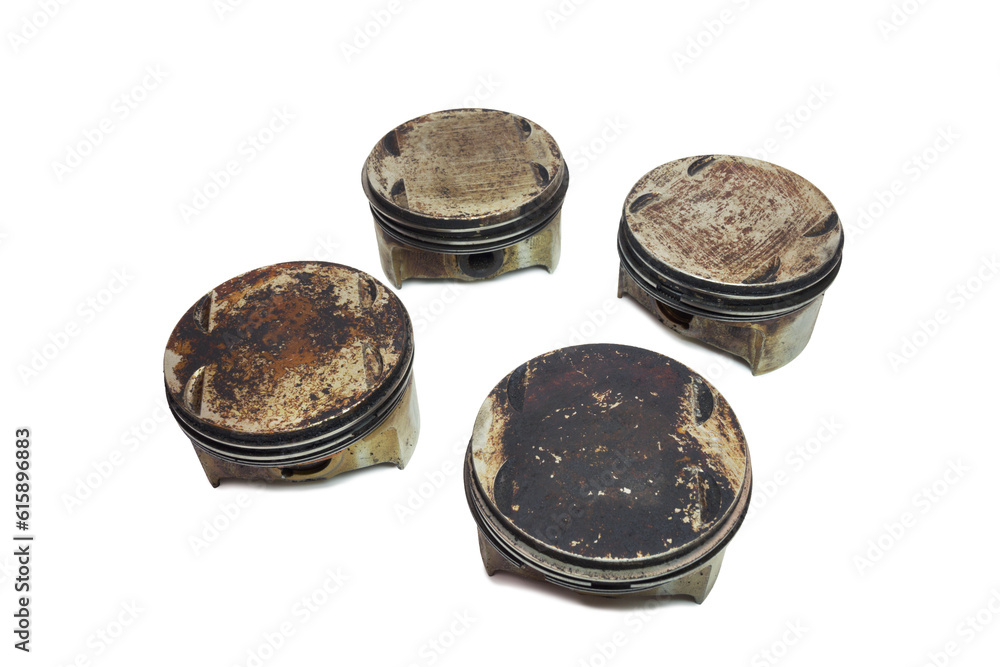 engine pistons set of four. worn out change part of old car motor ...