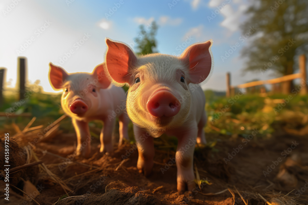 piggies looking at the camera, beautiful background, farm background ...
