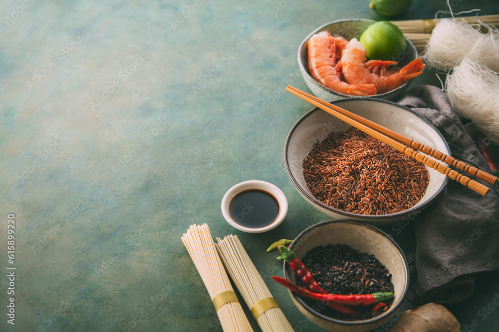 Different types of rice and dried asian noodles and spices. Ingredients ...