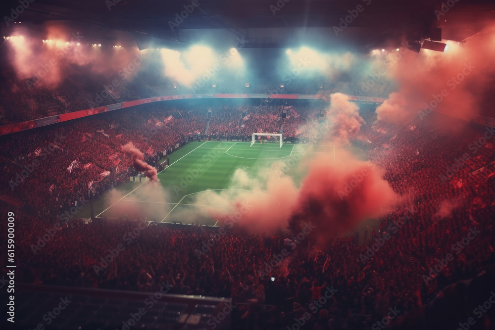 Fans at stadium are burning flares and smoke bombs. Football stadium ...