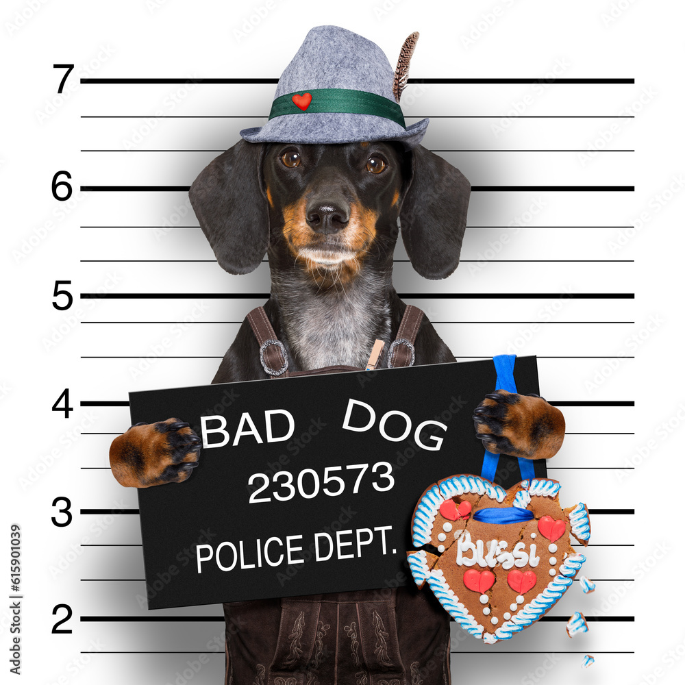 bavarian sausage dog or dachshund at police station mugshot toasting ...