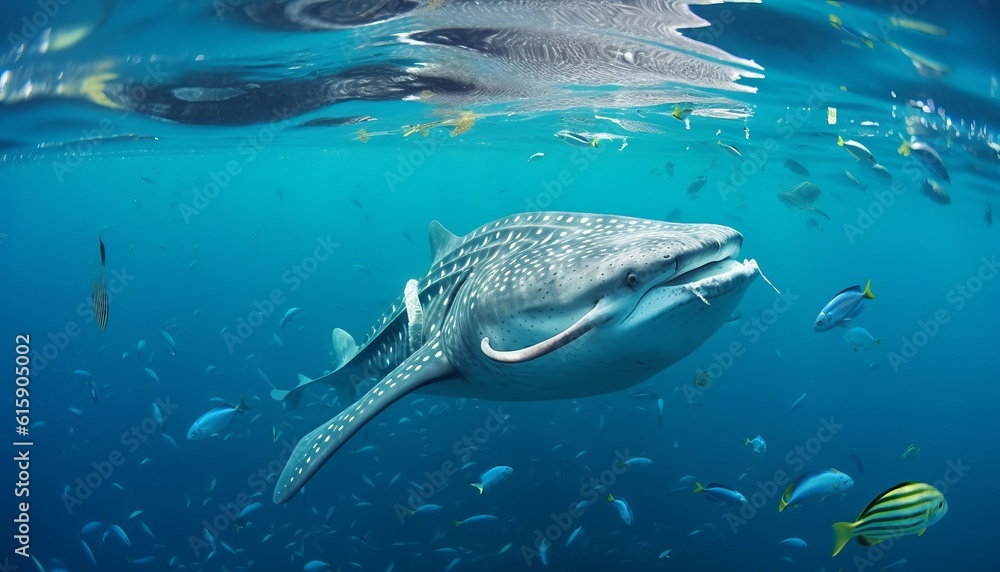 Plastic ocean pollution. Whale Shark filter feeds in polluted ocean ...