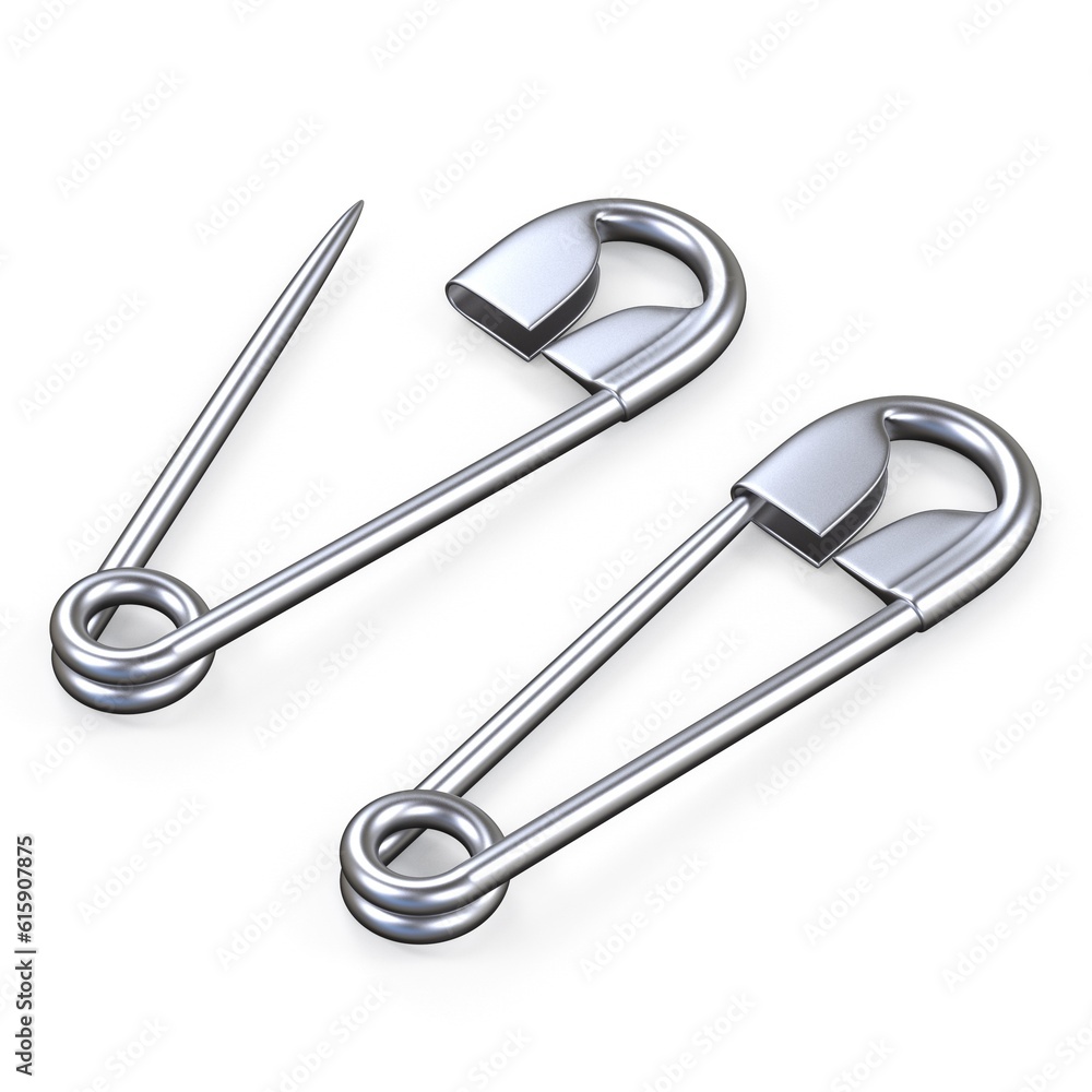 Open and closed safety pins 3D render illustration isolated on white ...
