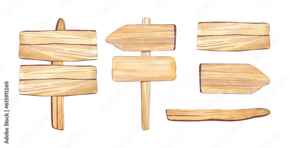 Watercolor set the wooden pointer street signs guidepost. Textured wood ...