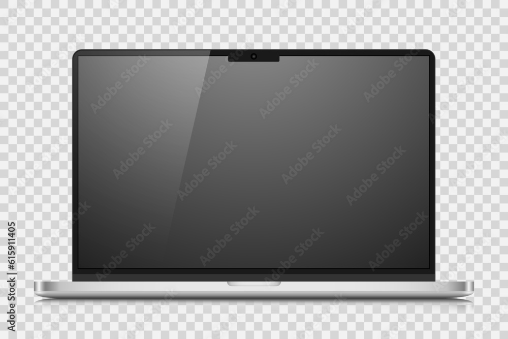 A laptop layout with a black screen and reflection on a transparent ...
