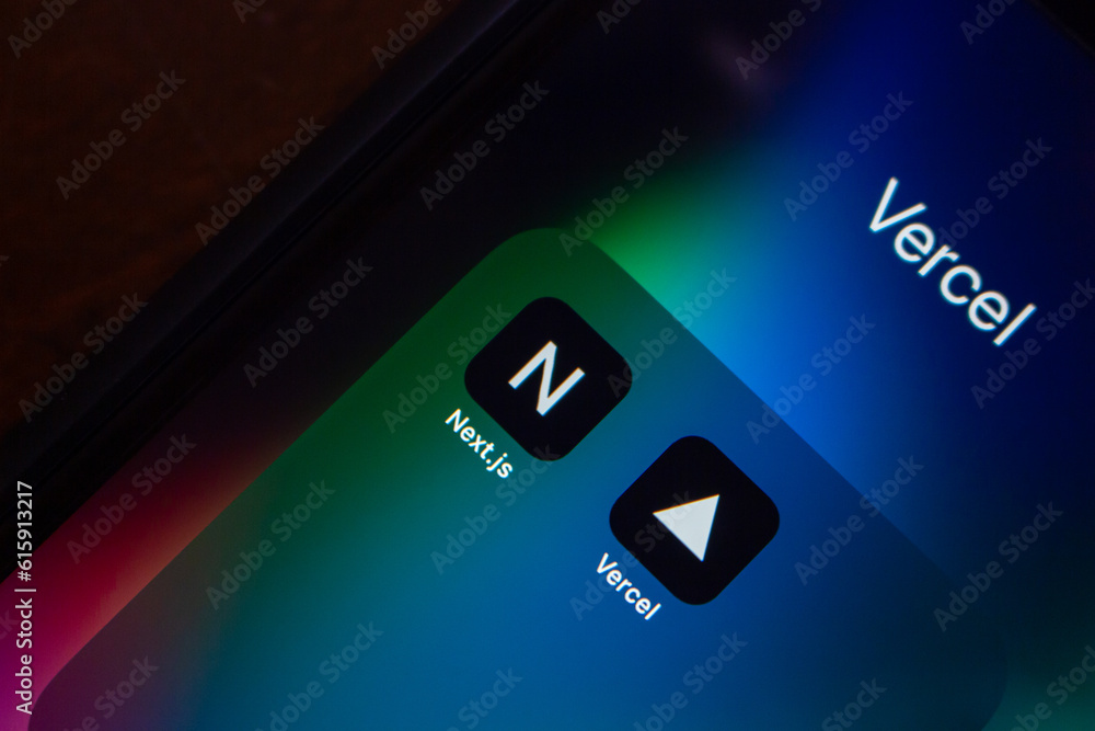 Vancouver, CANADA - Jun 19 2023 : Conceptual image of Next.js and Vercel icons seen in an iPhone ...