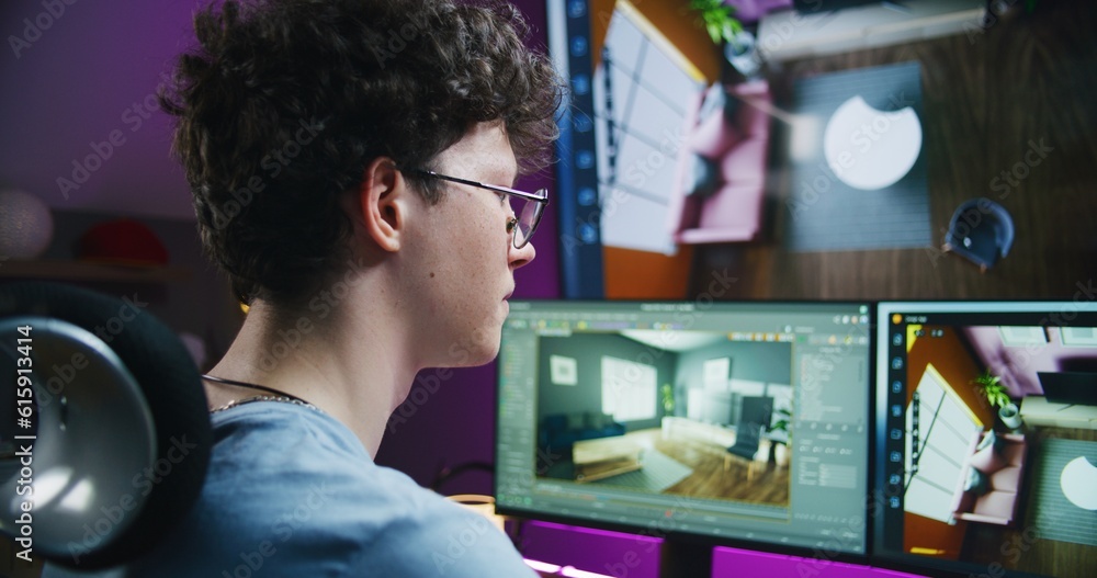 Young 3D designer creates modern house interior, works on design ...