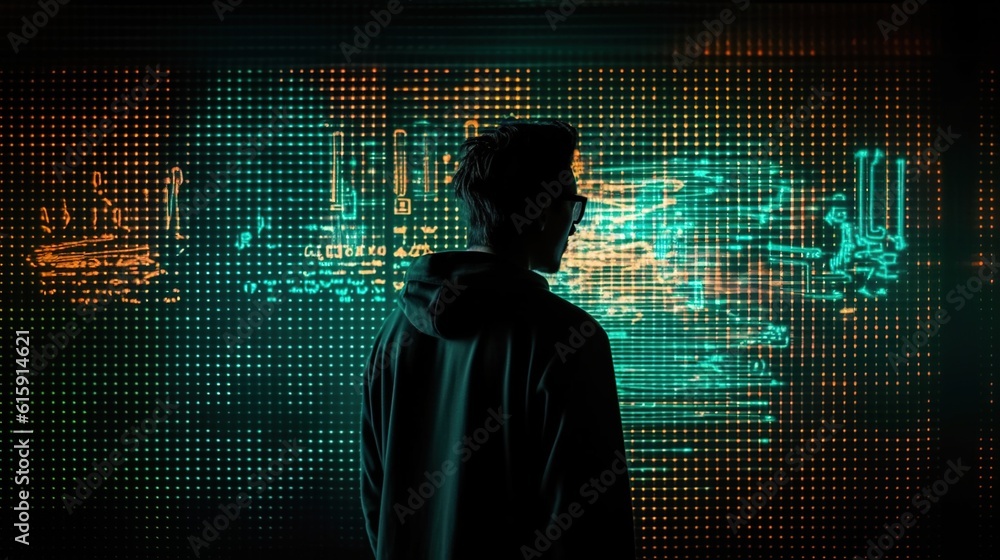 Computer hacker in hoodie with matrix code instead his face on blue digital background. Data ...