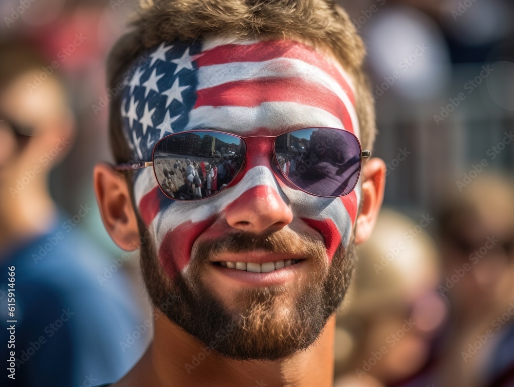 Joyful fan in the colors of the U.S. flag on his face at the stadium in ...
