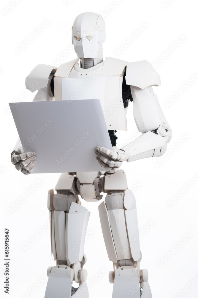 Human white robot holding white paper. White anthropomorphic robot ...
