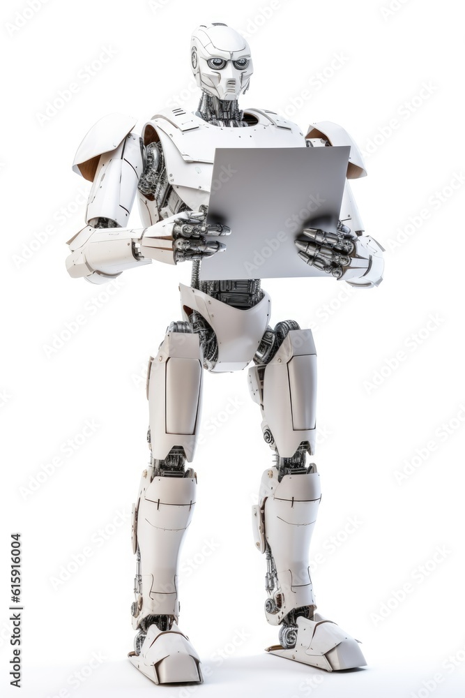 Human white robot holding white paper. White anthropomorphic robot ...