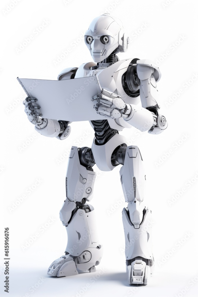 Human white robot holding white paper. White anthropomorphic robot ...