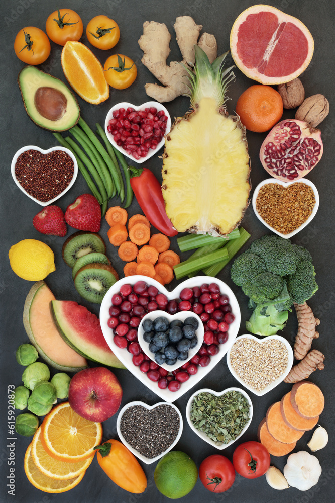Health food for healthy eating concept with fruit, vegetables, seeds ...