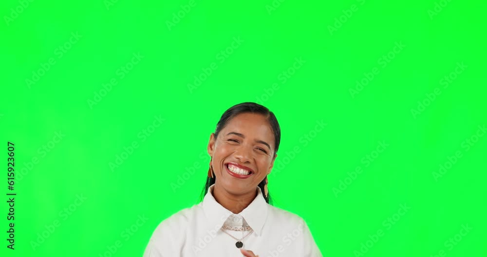 Vidéo Stock Happy woman, pointing up and applause in success on green ...