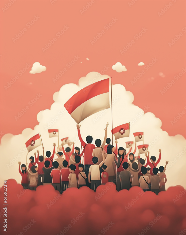 people crowd celebrating independence day holding flag of Indonesia ...