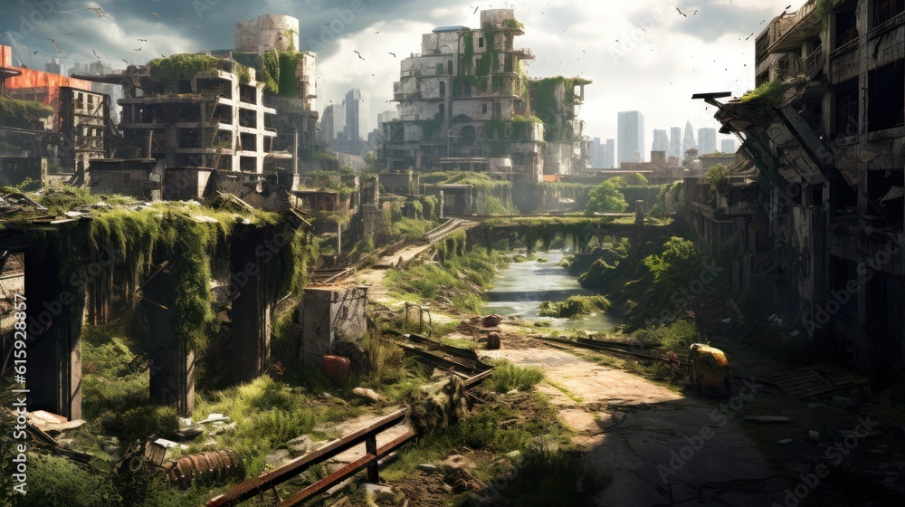Envision a gritty post - apocalyptic cityscape in ruins, with ...