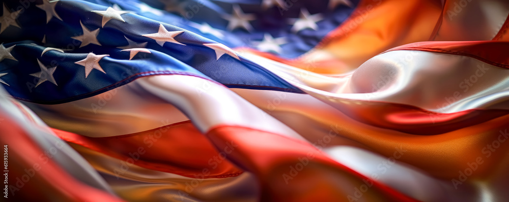 American flag with a light background up close with waves and folds ...