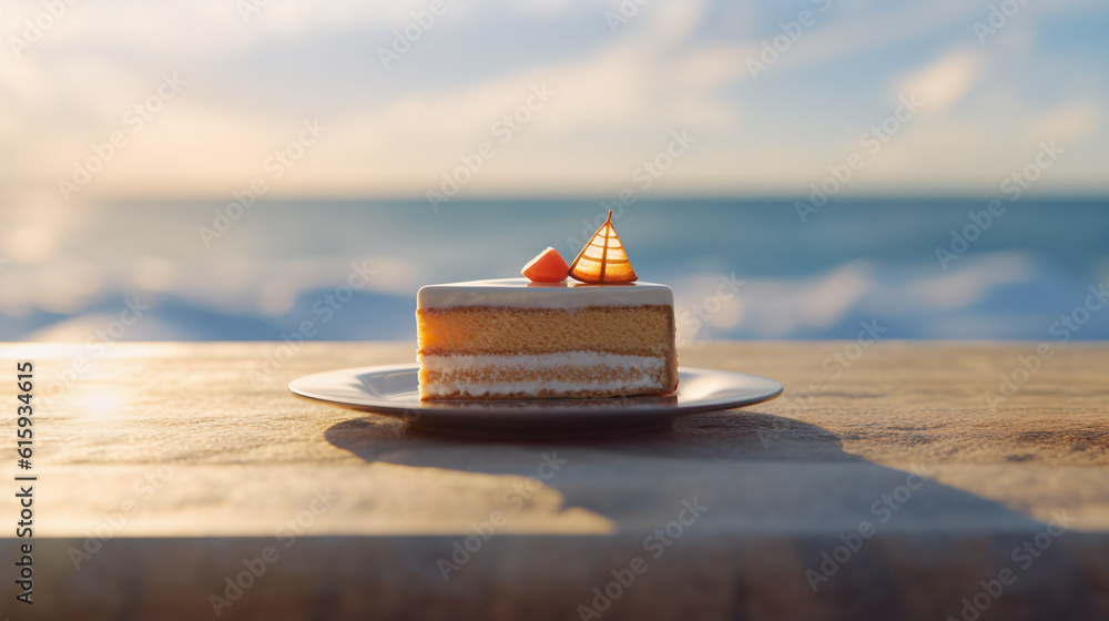 Slice of birthday cake with a candle on a table at the beach. Beach ...