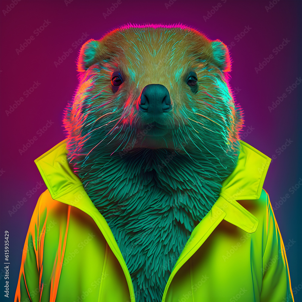 Realistic lifelike beaver in fluorescent electric highlighters ultra ...