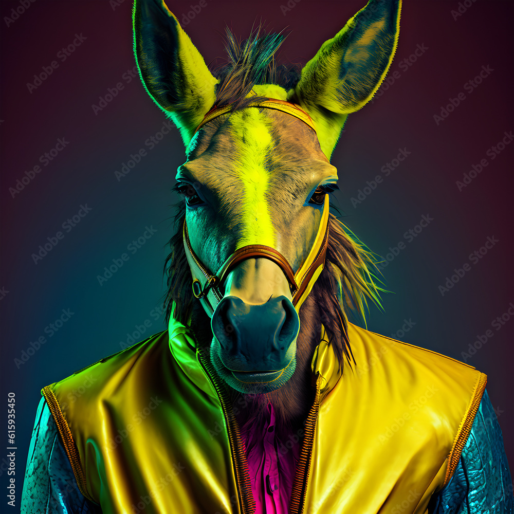 Realistic lifelike donkey mule in fluorescent electric highlighters ...