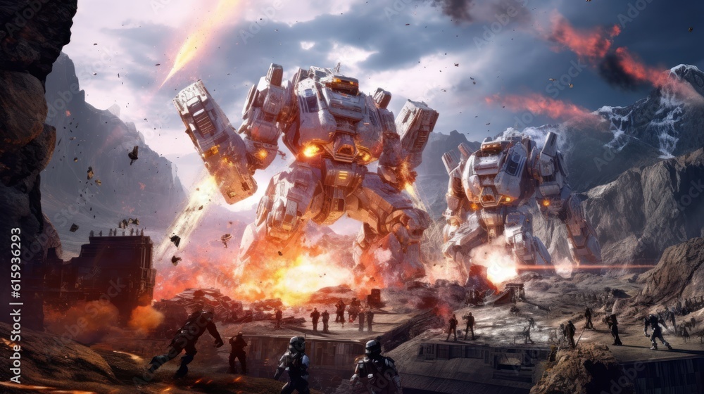 Epic clash between colossal mechs in a war - torn landscape, with ...