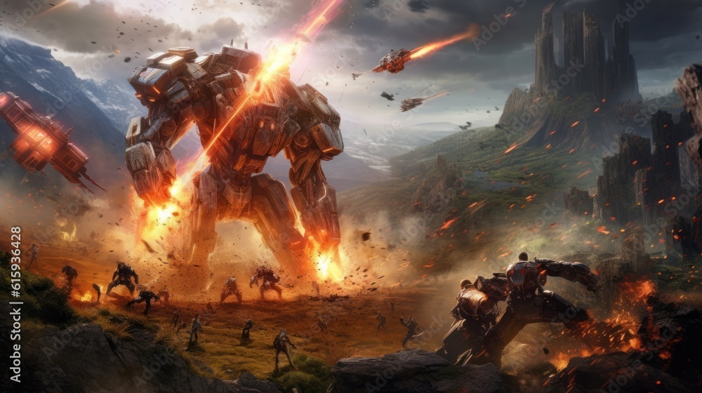 Epic clash between colossal mechs in a war - torn landscape, with ...