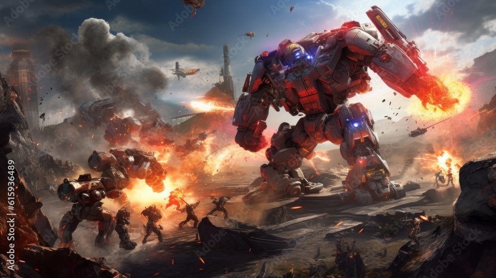 Epic clash between colossal mechs in a war - torn landscape, with ...