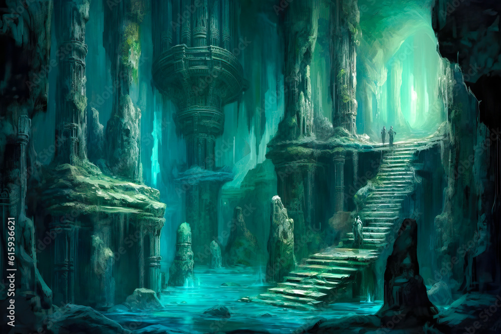 Fantasy ruins, underground, stone steps, ancient, water, cave ...