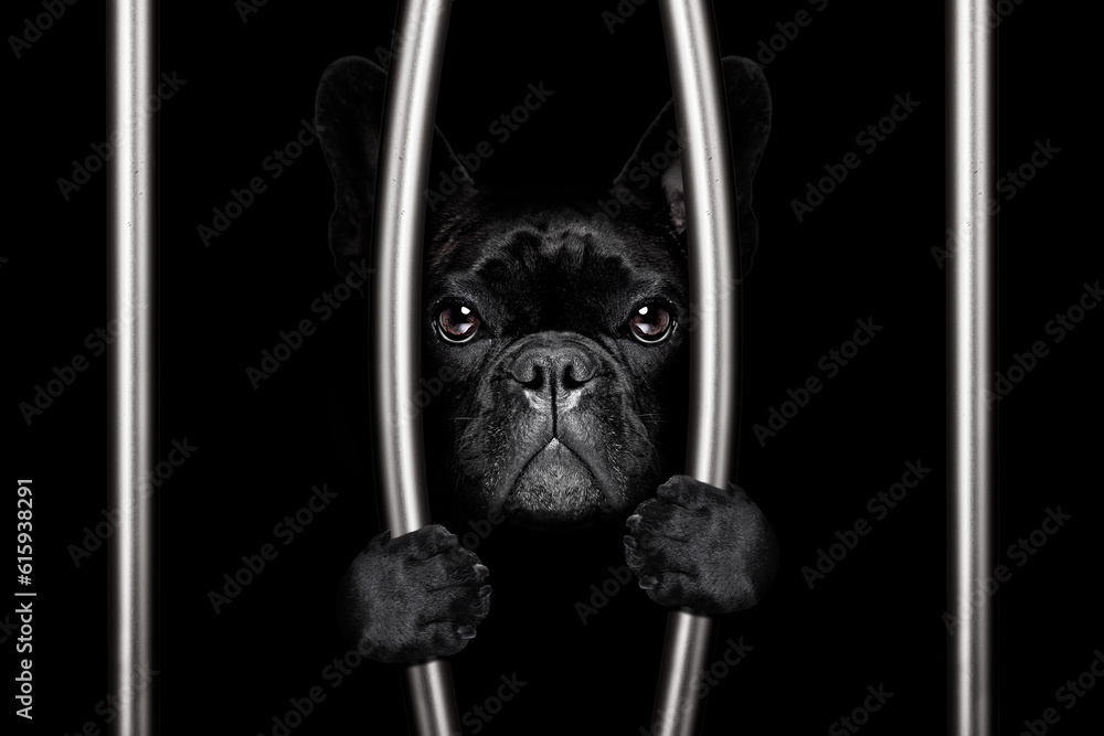 criminal french bulldog dog behind bars in police station, jail prison ...