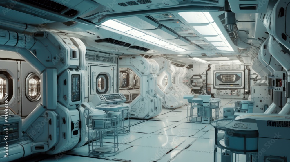 Interior of a space station, complete with control rooms, zero ...