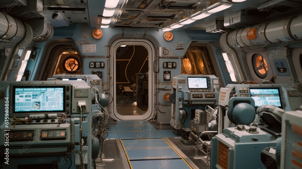 Interior of a space station, complete with control rooms, zero ...