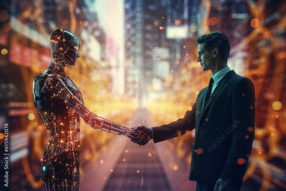 Person shaking hands with robot, representing concept of AI progress ...